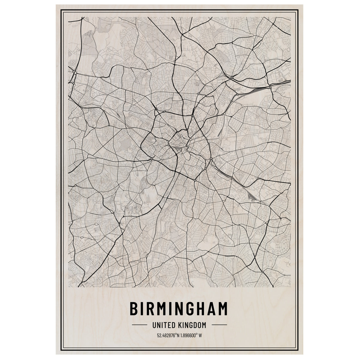 Birmingham City Map Wooden Poster Print | Poster Forest