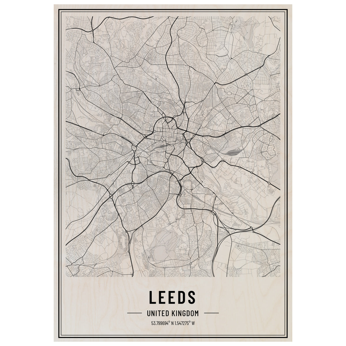Leeds City Map Wooden Poster Print | Poster Forest